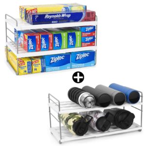 aionvidas expandable foil and plastic wrap organizer and expandable water bottle organizer, water bottle storage holder rack, height & width adjustable cupboard storage rack