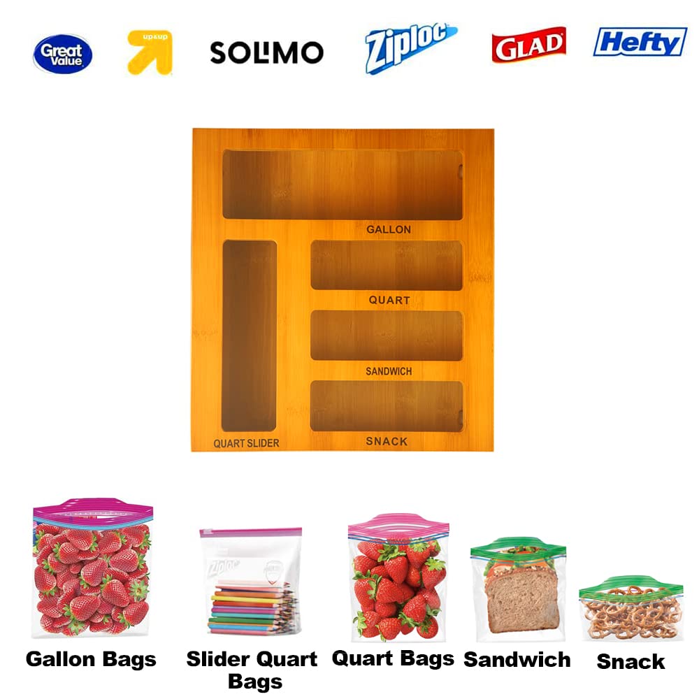 Storm Elf Ziplock Bag Storage Organizer for Kitchen Drawer Compatible with Ziploc, Solimo, Glad, Hefty for Gallon, Quart, Sandwich and Snack Variety Size Bag (1 Box 5 Slots)