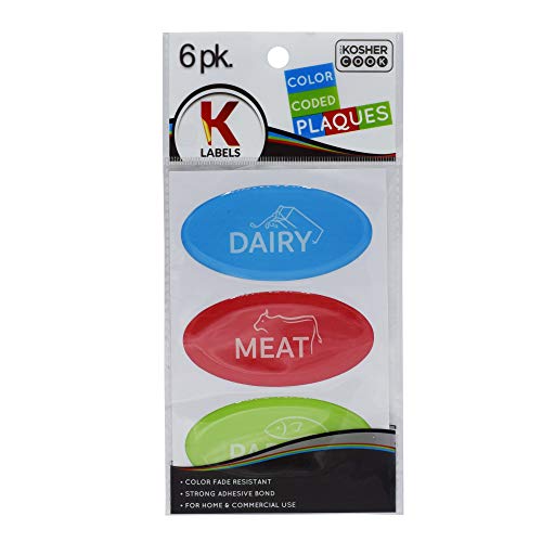 6 Kosher Plaques and Labels – 2 Blue Dairy, 2 Red Meat, 2 Green Parve - Self Adhesive, Color Fade Resistant – Color Coded Kitchen Stickers by The Kosher Cook