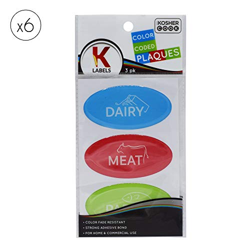 6 Kosher Plaques and Labels – 2 Blue Dairy, 2 Red Meat, 2 Green Parve - Self Adhesive, Color Fade Resistant – Color Coded Kitchen Stickers by The Kosher Cook