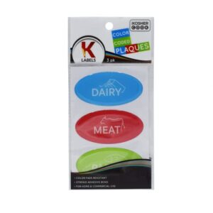 6 Kosher Plaques and Labels – 2 Blue Dairy, 2 Red Meat, 2 Green Parve - Self Adhesive, Color Fade Resistant – Color Coded Kitchen Stickers by The Kosher Cook