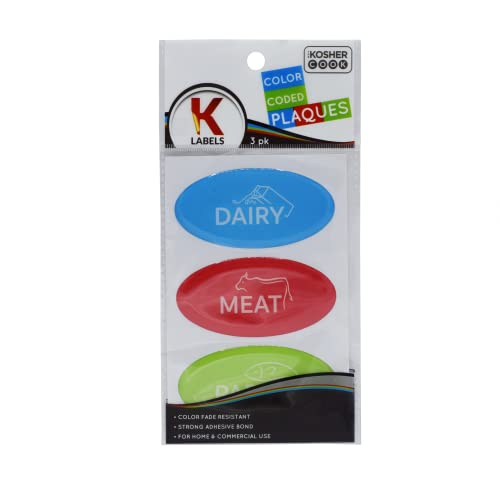 6 Kosher Plaques and Labels – 2 Blue Dairy, 2 Red Meat, 2 Green Parve - Self Adhesive, Color Fade Resistant – Color Coded Kitchen Stickers by The Kosher Cook