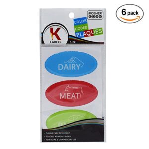 6 Kosher Plaques and Labels – 2 Blue Dairy, 2 Red Meat, 2 Green Parve - Self Adhesive, Color Fade Resistant – Color Coded Kitchen Stickers by The Kosher Cook