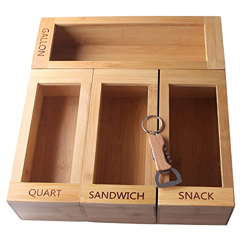 Ziplock Bag Storage Organizer for Kitchen Drawer, Bamboo Organizer, Compatible with Gallon, Quart, Sandwich and Snack Variety Size, 1 Box 4 Slots (Rectangle Design & Bottle Opener)