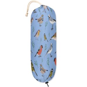 animal birds blue plastic bag holder, wall mount grocery bag holder dispenser organizer, washable shopping bag storage home kitchen decor