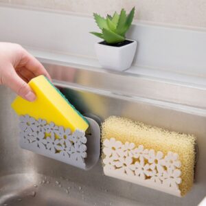 Nomija 2Pcs Sponges Holder Rack Kitchen Sink Organizer Caddy - Plastic Storage Basket Holder for Sponges, Soaps, Scrubbers (Gray & Beige)