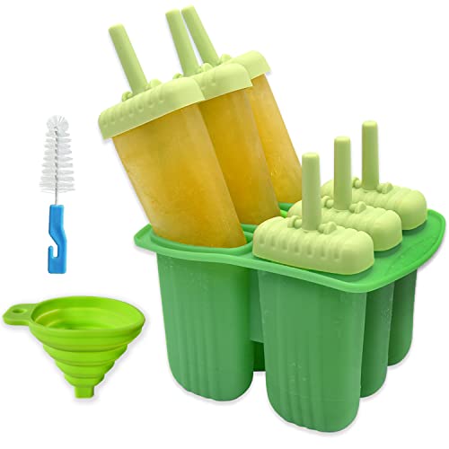 Silicone Popsicle Molds Shapes 6-Cavity Reusable Homemade Ice Pop Maker Molds with Lids, BPA Free & Easy Release, Green