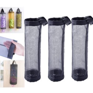 iuaiu mesh hanging storage dispenser, 3pcs plastic bag holder breathable mesh hanging storage dispensers, bag holder for plastic bags, foldable breathable storage bag with hook (black-3pcs)