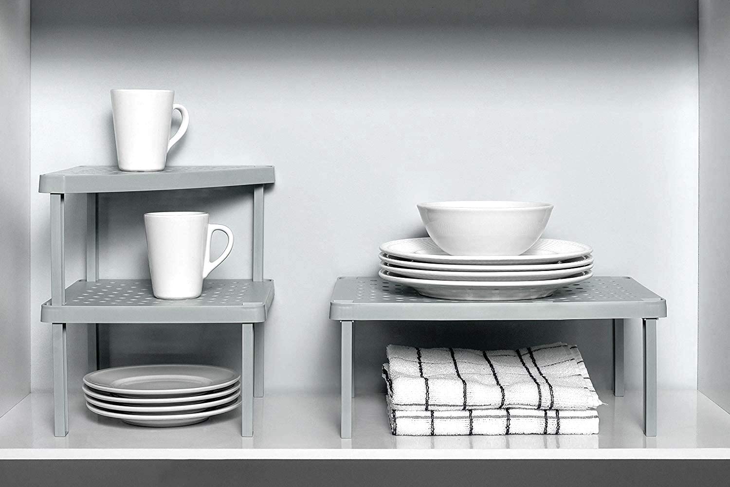 Level Collection Stackable, Kitchen Cabinet and Pantry Organizer, Modular Shelves- Set of 4 Shapes (Gray)