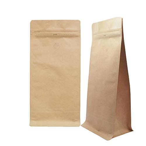 AwePackage Resealable Zipper Natural Kraft Box Pouch Coffee Bag with valve - Flat Bottom Pull Tab (50, 35oz(1Kg))