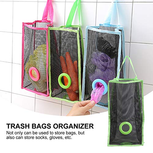 BESTonZON 2 Packs Plastic Bag Holder, Hanging Folding Mesh Garbage Bag Organizer Trash Bags Holder Recycling Containers Storage, Grocery Bag Holder Trash Bags Holder Organizer for Kitchen (Rosy)