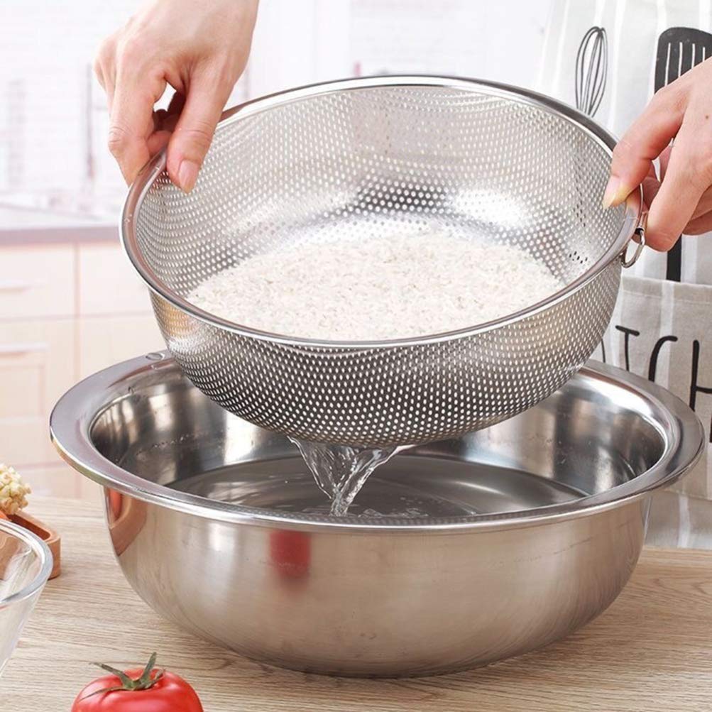 Hemoton Stainless Steel Colanders Strainers Micro- Perforated Kitchen Strainer with Handle Drain Baskets for Fruits Vegetable Cleaning Washing Mixing 16. 5cm