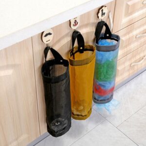 Grocery Bag Holder Mesh Plastic Bag Holder Dispensers Wall Mounted Hanging Trash Bags Holder Kitchen Garbage Bag Organizer(Black)