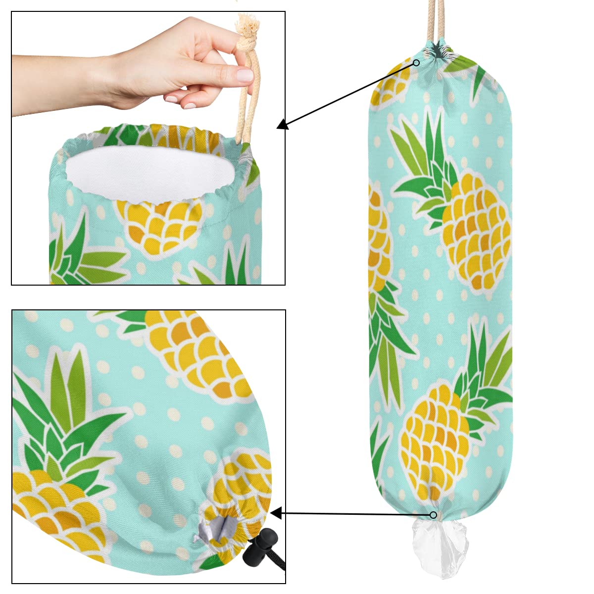 Fruit Pineapple Plastic Bag Holder, Polka Dot Grocery Bag Storage Holder Garbage Shopping Bag Trash Bags Organizer for Kitchen Home