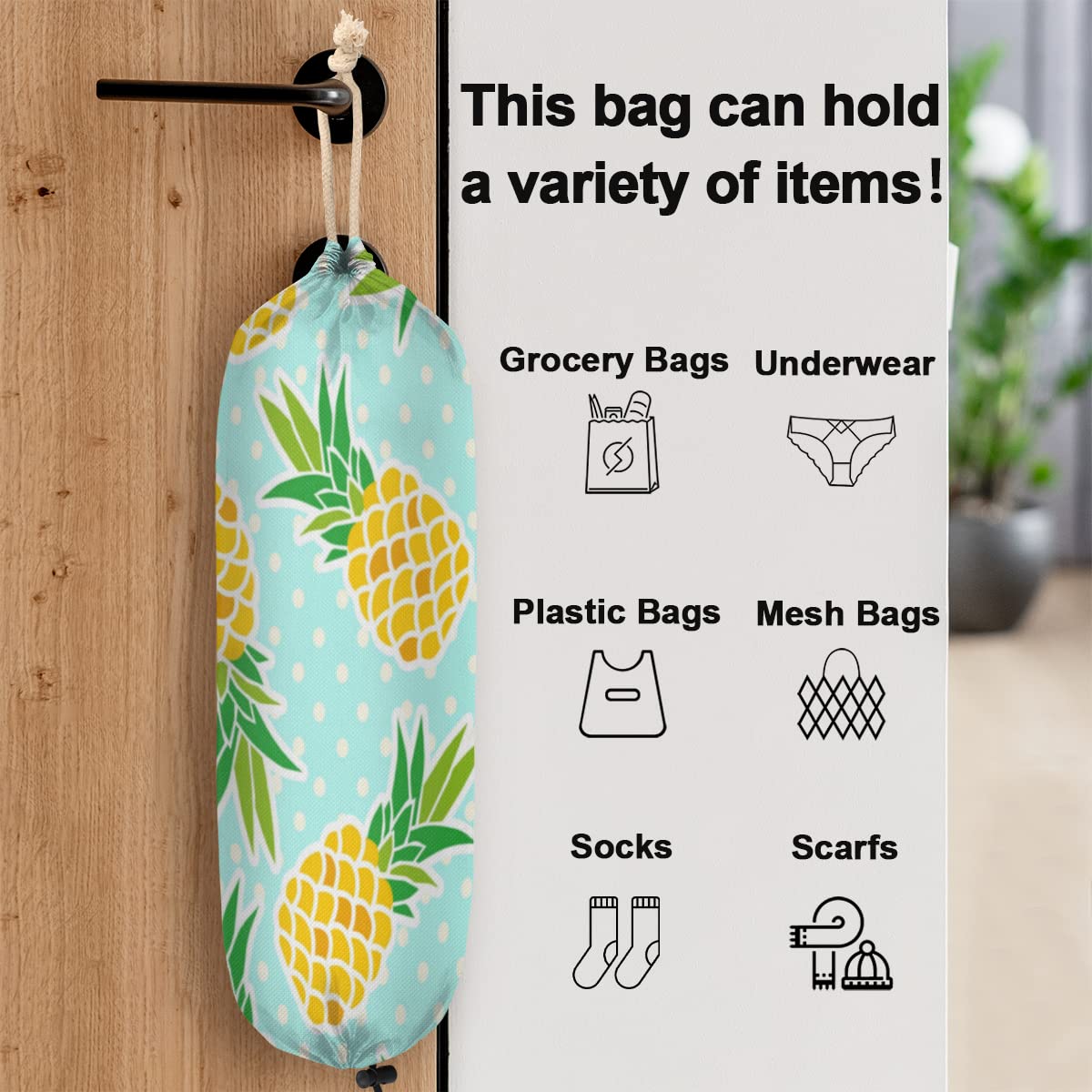 Fruit Pineapple Plastic Bag Holder, Polka Dot Grocery Bag Storage Holder Garbage Shopping Bag Trash Bags Organizer for Kitchen Home