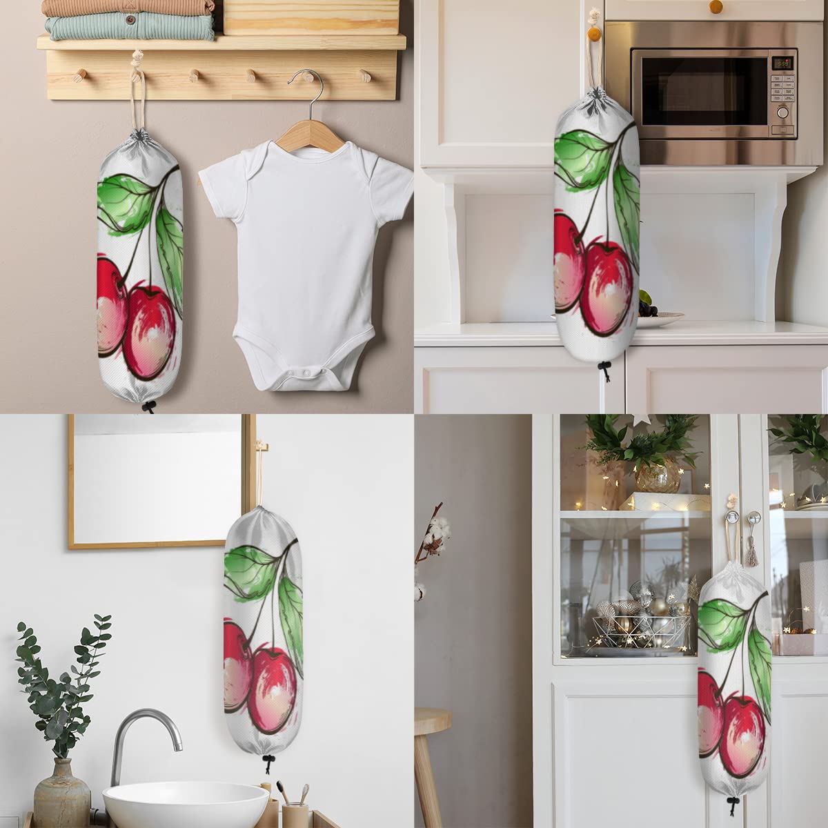 Plastic Bag Holder Fruits Cherry Wall Mount Grocery Bag Holder Washable Plastic Bag Dispenser Garbage Bag Organizer for Home Kitchen Decor, Gifts for Women Mom Family Friends