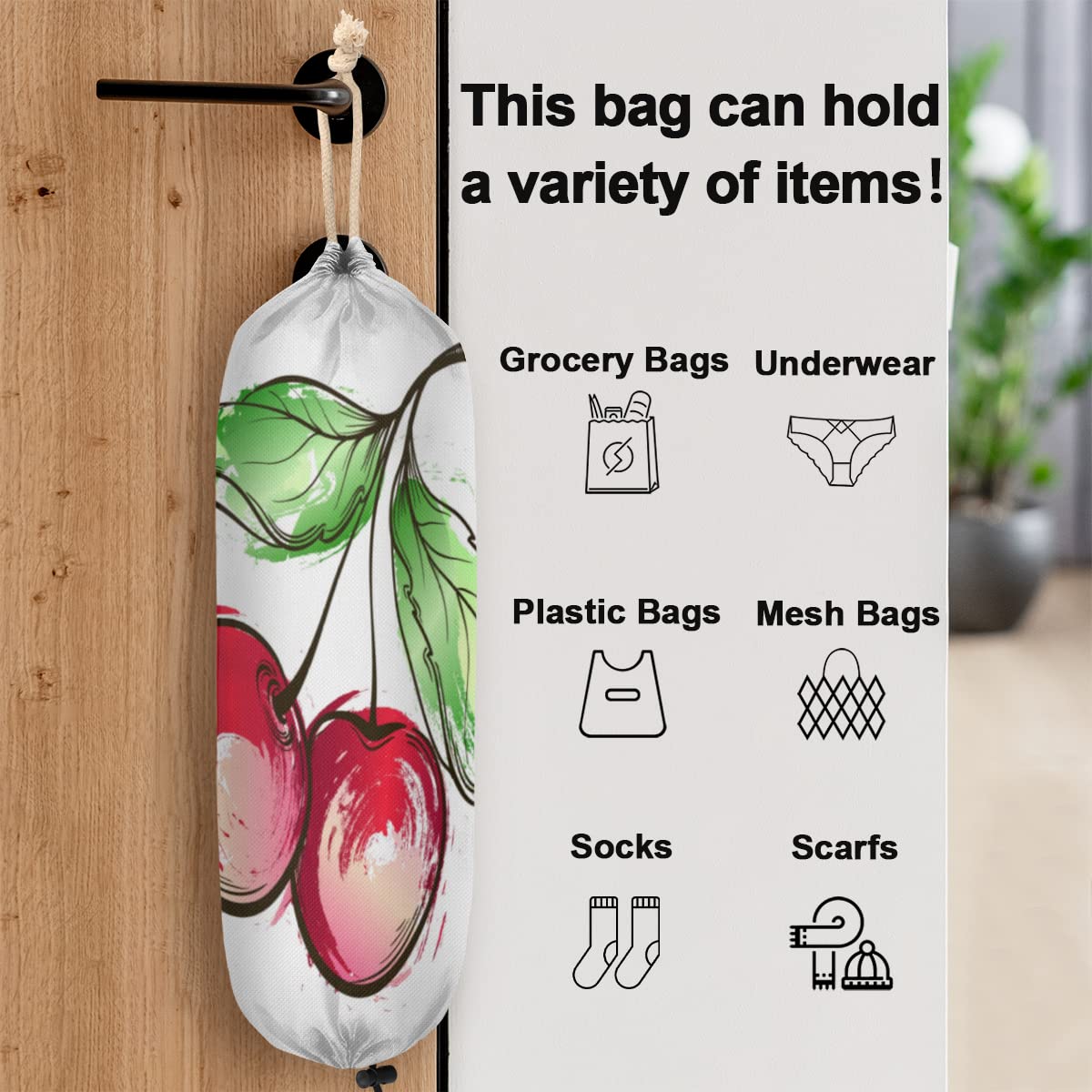 Plastic Bag Holder Fruits Cherry Wall Mount Grocery Bag Holder Washable Plastic Bag Dispenser Garbage Bag Organizer for Home Kitchen Decor, Gifts for Women Mom Family Friends