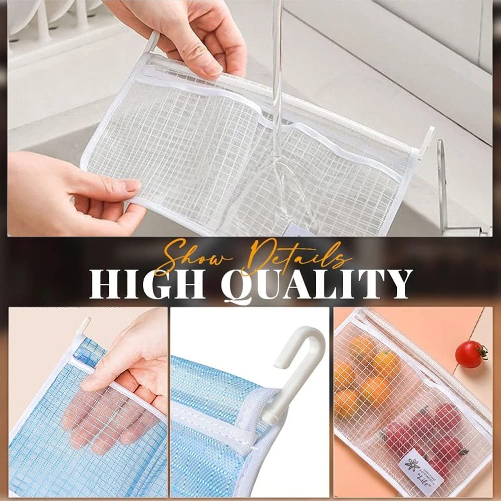 2 Pack Refrigerator Storage Bag Tidy Hanging Mesh Bags,Refrigerator Door Organizer Set, Two Grids Hanging Household Kitchen Tidy Seasoning Organizer With Hook Fridge Organizer Pocket (White)