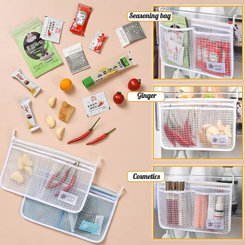 2 Pack Refrigerator Storage Bag Tidy Hanging Mesh Bags,Refrigerator Door Organizer Set, Two Grids Hanging Household Kitchen Tidy Seasoning Organizer With Hook Fridge Organizer Pocket (White)