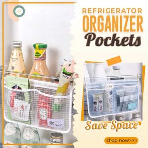 2 Pack Refrigerator Storage Bag Tidy Hanging Mesh Bags,Refrigerator Door Organizer Set, Two Grids Hanging Household Kitchen Tidy Seasoning Organizer With Hook Fridge Organizer Pocket (White)