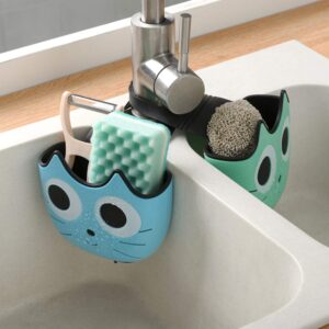 qtmy 2 pack cat sponge holder basket with buckle,sink faucet caddy hanging drain rack, gadget soap brush desk pen organizer for kitchen bathroom,green blue