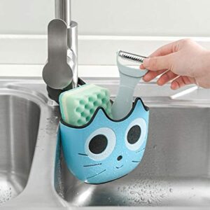 QTMY 2 PACK Cat Sponge Holder Basket with Buckle,Sink Faucet Caddy Hanging Drain Rack, Gadget Soap Brush Desk Pen Organizer for Kitchen Bathroom,Green Blue