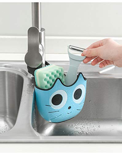 QTMY 2 PACK Cat Sponge Holder Basket with Buckle,Sink Faucet Caddy Hanging Drain Rack, Gadget Soap Brush Desk Pen Organizer for Kitchen Bathroom,Green Blue