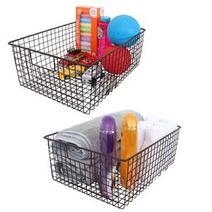 kitchen basics 101 large farmhouse metal wire storage basket bins with handles 16" x 12" x 6" closets, shelves, cabinets, bathrooms (bronze, 2)