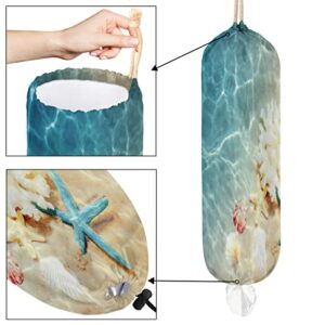 Beach Theme Starfish Coral Seashell Plastic Bag Holder, Wall Mount Grocery Bag Holder Washable Plastic Bag Dispenser Garbage Bag Organizer for Home Kitchen Decor, Gifts for Women Mom Family Friends