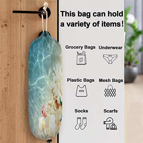 Beach Theme Starfish Coral Seashell Plastic Bag Holder, Wall Mount Grocery Bag Holder Washable Plastic Bag Dispenser Garbage Bag Organizer for Home Kitchen Decor, Gifts for Women Mom Family Friends