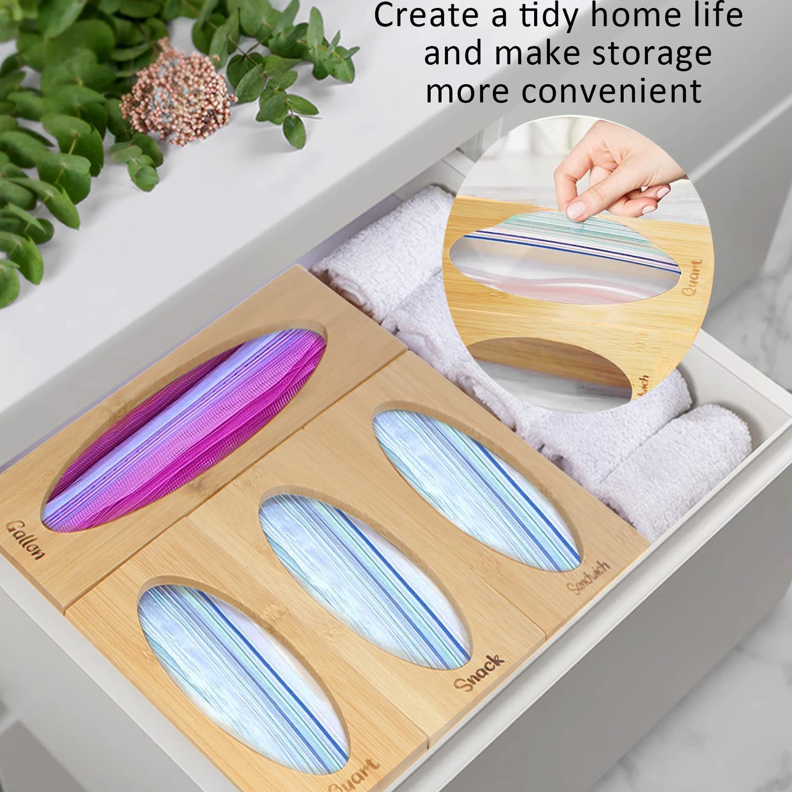 BPFY Bamboo Ziplock Bag Storage Organizer, Bamboo Zip Lock Bags Container for Kitchen Drawer, Food Storage Bag Holder Compatible with Gallon, Quart, Sandwich and Snack Variety Size Bags