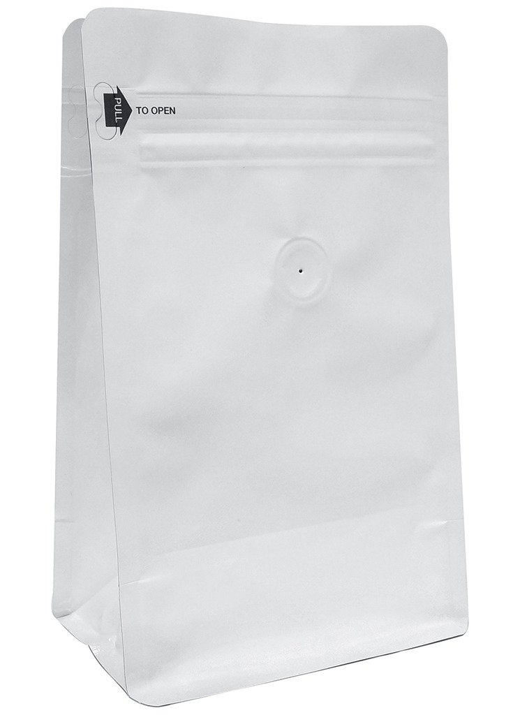 12 oz. Matte White Foil Square Bottom Gusseted Bag w/E-Zip & Valve (Block Bottom Bag, Flat Bottom Bag)