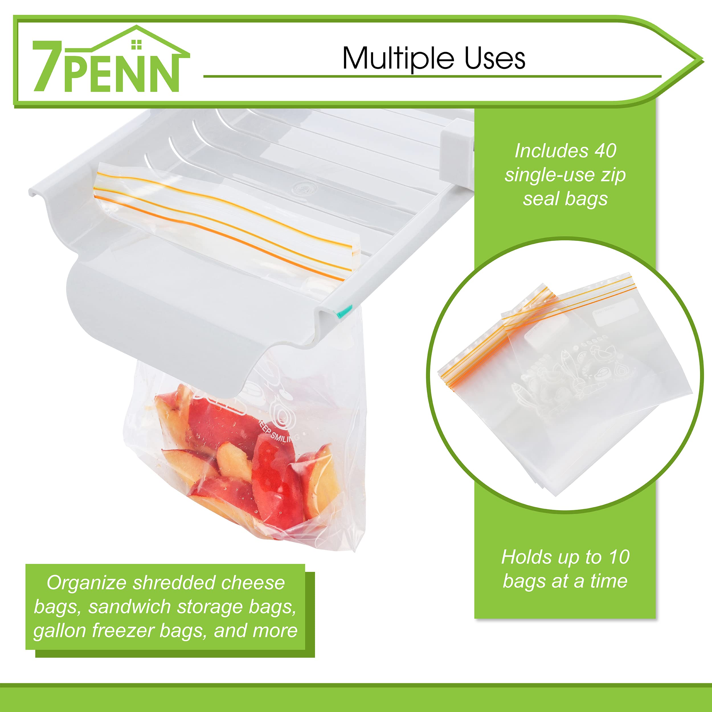 7Penn Fridge Zip Bag Hanging Rack Adjustable Fridge Drawer - 10 Slot Refrigerator Rack Side Hanging Rack with 40 Bags