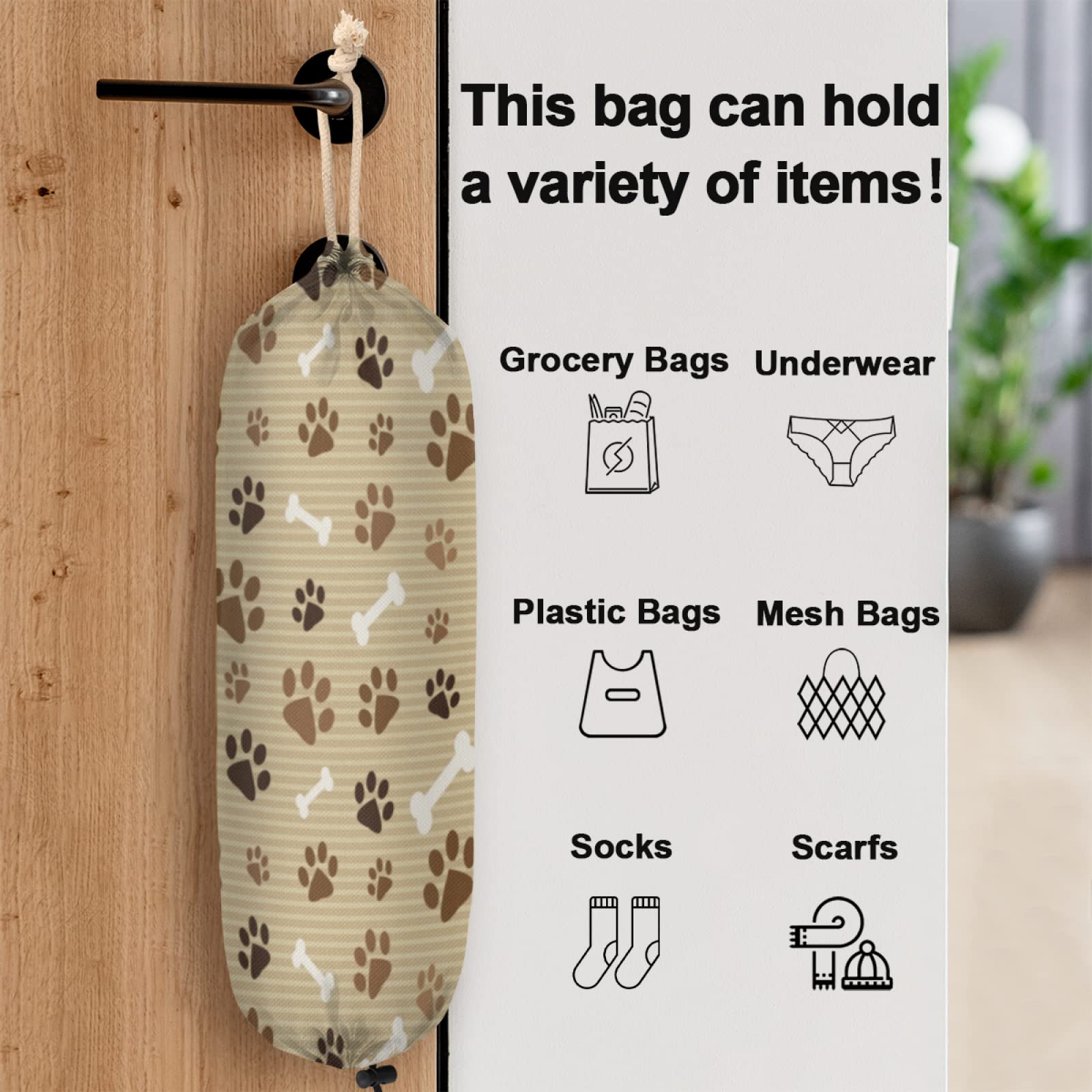 Animal Paw Print Plastic Bag Holder, Dog Footprint Grocery Bag Storage Holder Hanging Garbage Shopping Bag Trash Bags Organizer for Kitchen Home