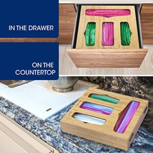 THAETEX Bag Storage Organizer - Bamboo Organizer for Kitchen Drawer | Compatible with Quart Slider, Gallon, Quart, Sandwich, Snack | Comes with Erasable Stickers and Bag Holder (1 Box 4 Slots)