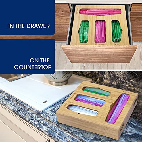 THAETEX Bag Storage Organizer - Bamboo Organizer for Kitchen Drawer | Compatible with Quart Slider, Gallon, Quart, Sandwich, Snack | Comes with Erasable Stickers and Bag Holder (1 Box 4 Slots)