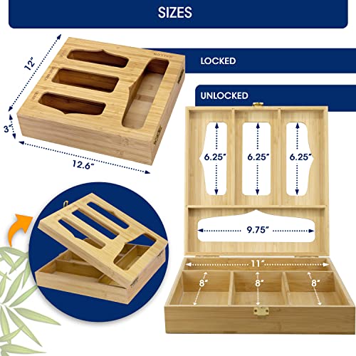 THAETEX Bag Storage Organizer - Bamboo Organizer for Kitchen Drawer | Compatible with Quart Slider, Gallon, Quart, Sandwich, Snack | Comes with Erasable Stickers and Bag Holder (1 Box 4 Slots)