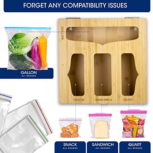 THAETEX Bag Storage Organizer - Bamboo Organizer for Kitchen Drawer | Compatible with Quart Slider, Gallon, Quart, Sandwich, Snack | Comes with Erasable Stickers and Bag Holder (1 Box 4 Slots)