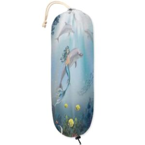 plastic bag holder underwater world dolphin mermaid grocery bag organizer hanging kitchen plastic bag storage/garbage shopping bag trash bags dispenser for farmhouse kitchen home decor