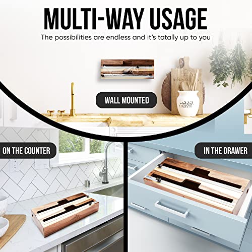 AceKitchen Foil and Plastic Wrap Organizer, 2 in 1 Wrap Dispenser with Cutters, Acacia Wood Organizer, Compatible with 12" Roll, 2 in 1 Wrap Dispenser, Aluminum Foil Dispenser for Kitchen Organization