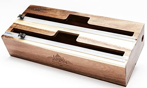 AceKitchen Foil and Plastic Wrap Organizer, 2 in 1 Wrap Dispenser with Cutters, Acacia Wood Organizer, Compatible with 12" Roll, 2 in 1 Wrap Dispenser, Aluminum Foil Dispenser for Kitchen Organization