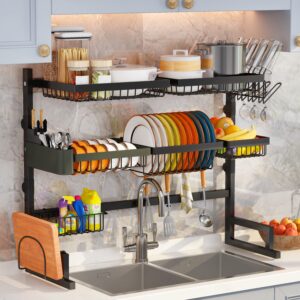 adbiu over the sink dish drying rack (expandable height and length) snap-on design 2 tier large dish rack stainless steel (31-39.5l x 12w x 34-38h (inches))