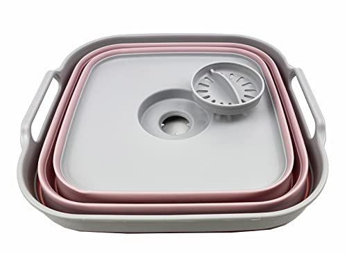 SAMMART 10L (2.64 Gallon) Collapsible Dishpan with Draining Plug - Foldable Washing Basin - Portable Dish Washing Tub - Space Saving Kitchen Storage Tray (Grey/Pale Pink)