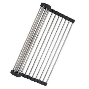 roll up dish drying rack over the sink dish rack kitchen rolling dish drainer over sink, foldable sink rack mat stainless steel wire dish drying rack for kitchen sink counter, black (17.5''x11.8'')