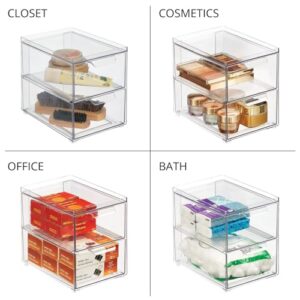 mDesign Stackable Storage Containers Box with 2 Pull-Out Drawers - Stacking Plastic Drawer Bins for Kitchen Pantry and Cupboard, Cabinet, Counter, Island and Tables - Lumiere Collection, 4 Pack, Clear