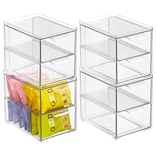 mDesign Stackable Storage Containers Box with 2 Pull-Out Drawers - Stacking Plastic Drawer Bins for Kitchen Pantry and Cupboard, Cabinet, Counter, Island and Tables - Lumiere Collection, 4 Pack, Clear