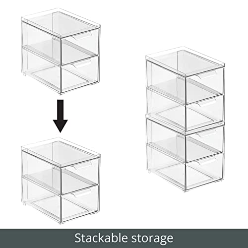 mDesign Stackable Storage Containers Box with 2 Pull-Out Drawers - Stacking Plastic Drawer Bins for Kitchen Pantry and Cupboard, Cabinet, Counter, Island and Tables - Lumiere Collection, 4 Pack, Clear