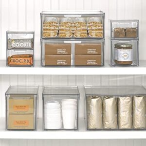 mDesign Stackable Storage Containers Box with 2 Pull-Out Drawers - Stacking Plastic Drawer Bins for Kitchen Pantry and Cupboard, Cabinet, Counter, Island and Tables - Lumiere Collection, 4 Pack, Clear