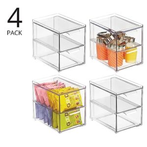 mDesign Stackable Storage Containers Box with 2 Pull-Out Drawers - Stacking Plastic Drawer Bins for Kitchen Pantry and Cupboard, Cabinet, Counter, Island and Tables - Lumiere Collection, 4 Pack, Clear