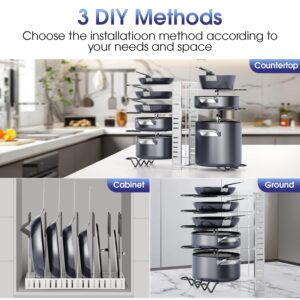 G-TING Pot Rack Organizers, 8 Tiers Pots and Pans Organizer for Kitchen Organization & Storage, Adjustable Pot Lid Holders & Pan Rack, Lid Organizer for Pots and Pans with 3 DIY Methods(Silver)